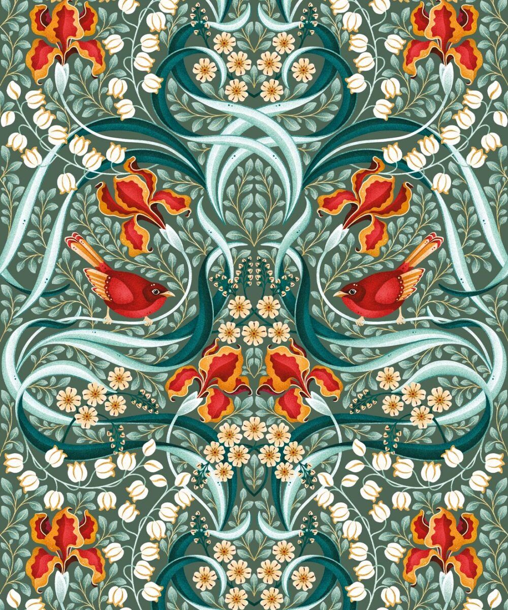 Bellbird & Iris Wallpaper • Ornate Bird Design • Milton & King USA