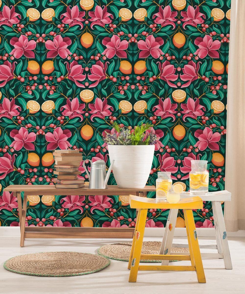 Lemons & Magnolia Wallpaper • Ornate Design • Milton & King USA